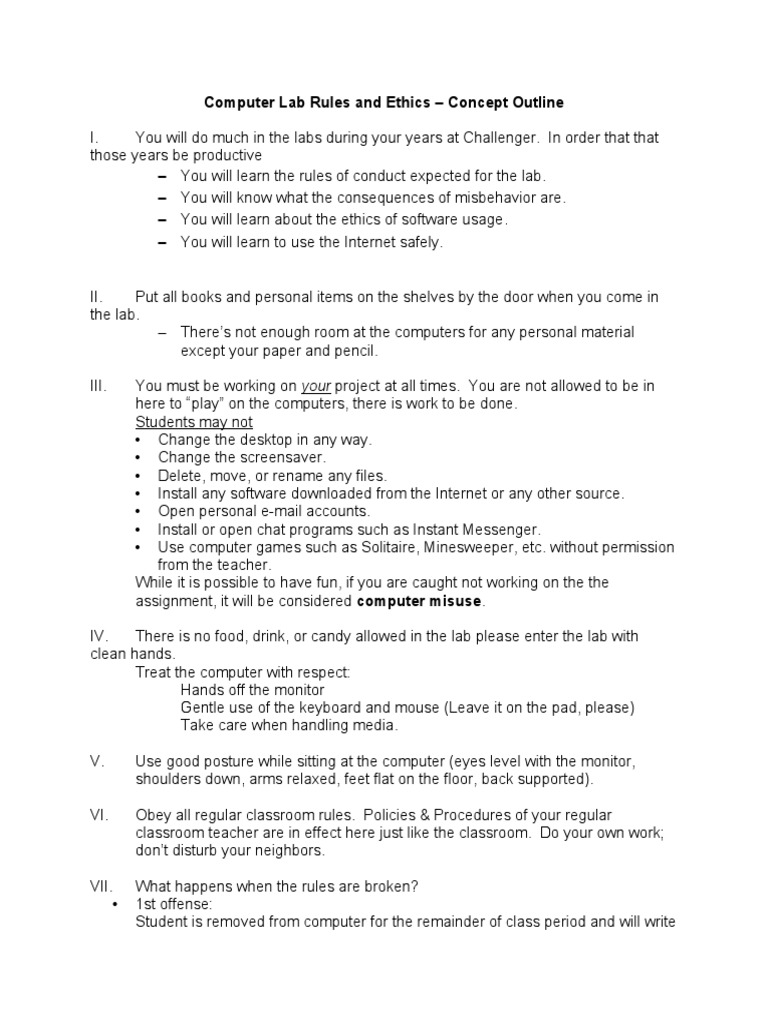 Computer Lab Rules and Ethics Concept Outline | PDF | Teachers | Computing