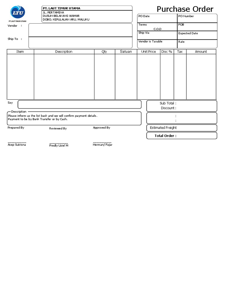 Item Description Qty Unit Price Disc % Tax Amount: Satuan | PDF