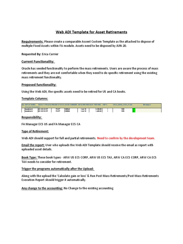 Web ADI Template For Asset Retirements: Requirements | PDF ...