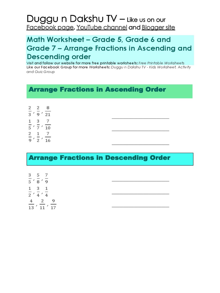 Math Worksheet - Grade 5, Grade 6 and Grade 7 - Arrange Fractions in ...