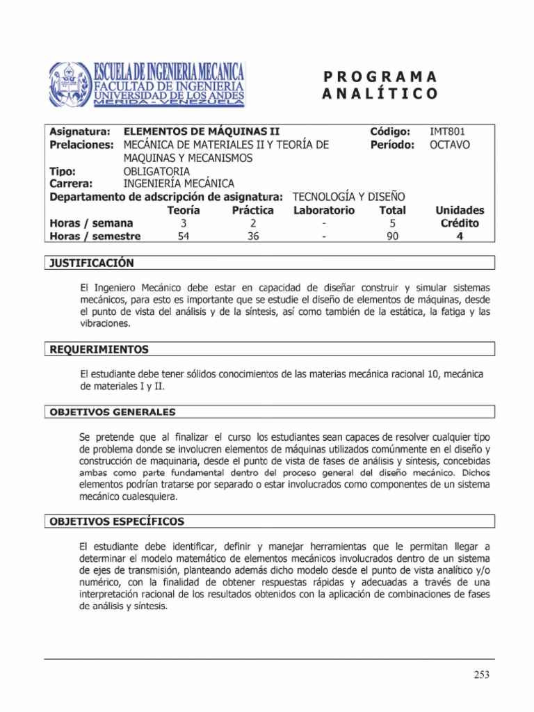 Contenido Programático. Elementos de Máquinas II. Ingeniería Mecánica. ULA | PDF