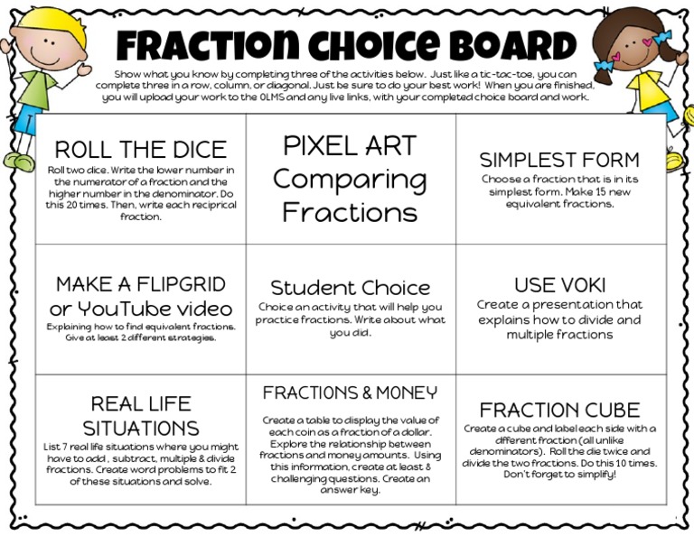 Fractions Choice Board | PDF | Fraction (Mathematics) | Teaching ...