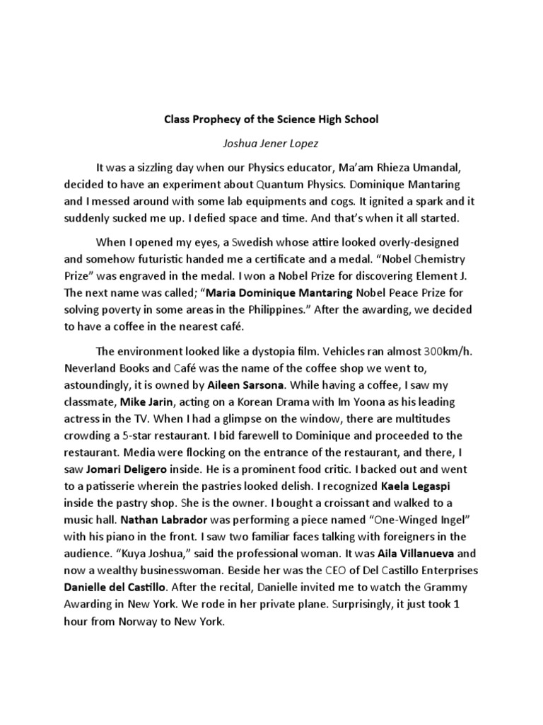 Class Prophecy of The Science High School | PDF | Restaurant And Catering