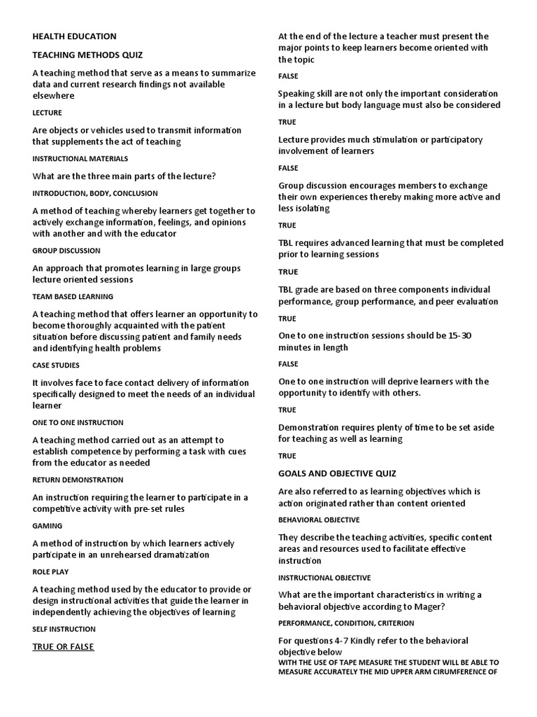 Health Education Teaching Methods Quiz | PDF | Teaching Method | Lecture