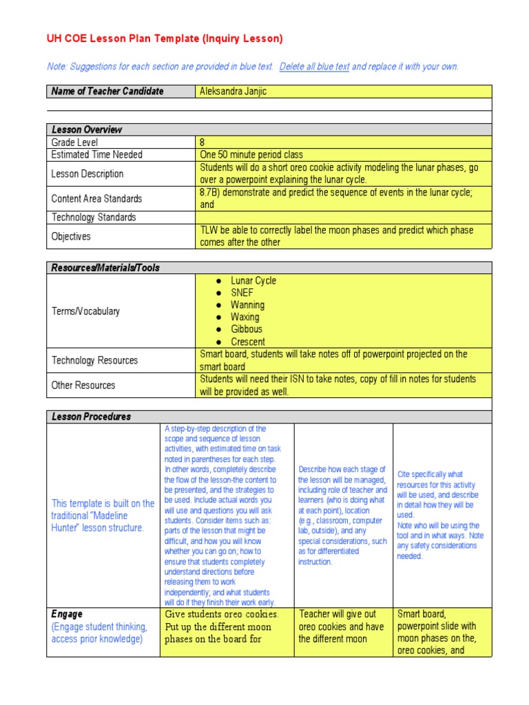 Name of Teacher Candidate: UH COE Lesson Plan Template (Inquiry Lesson) | PDF | Differentiated ...