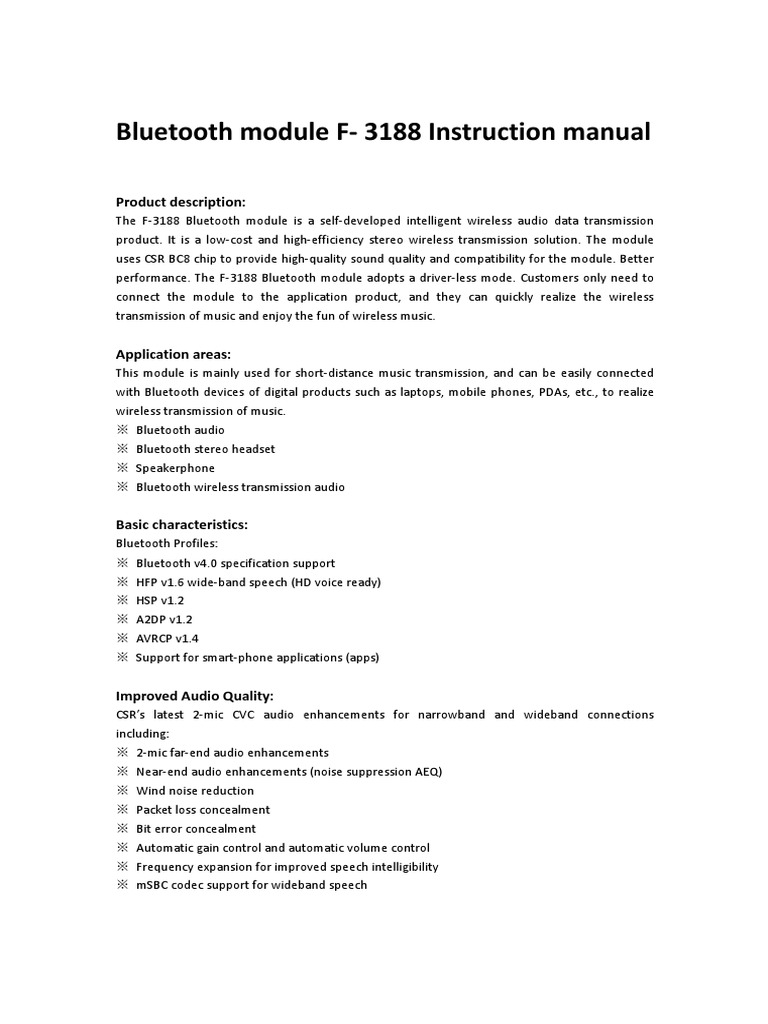 F-3188 Bluetooth Module Manual | PDF | Amplifier | Bluetooth