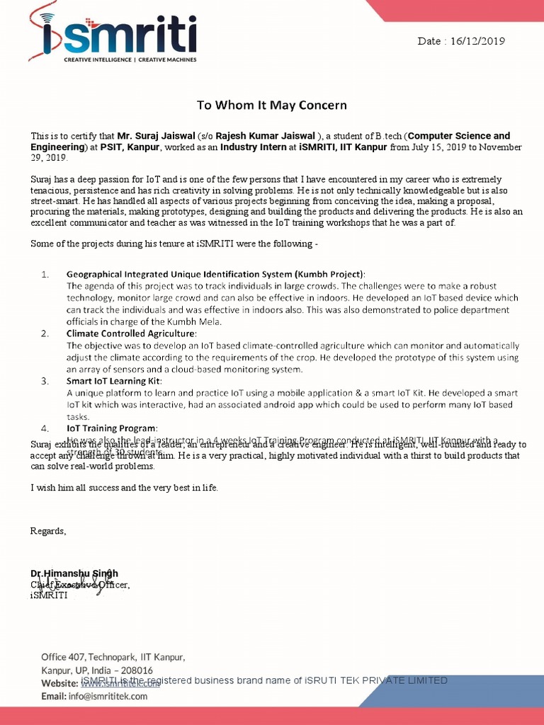 Internship Certificate for Suraj Jaiswal | PDF