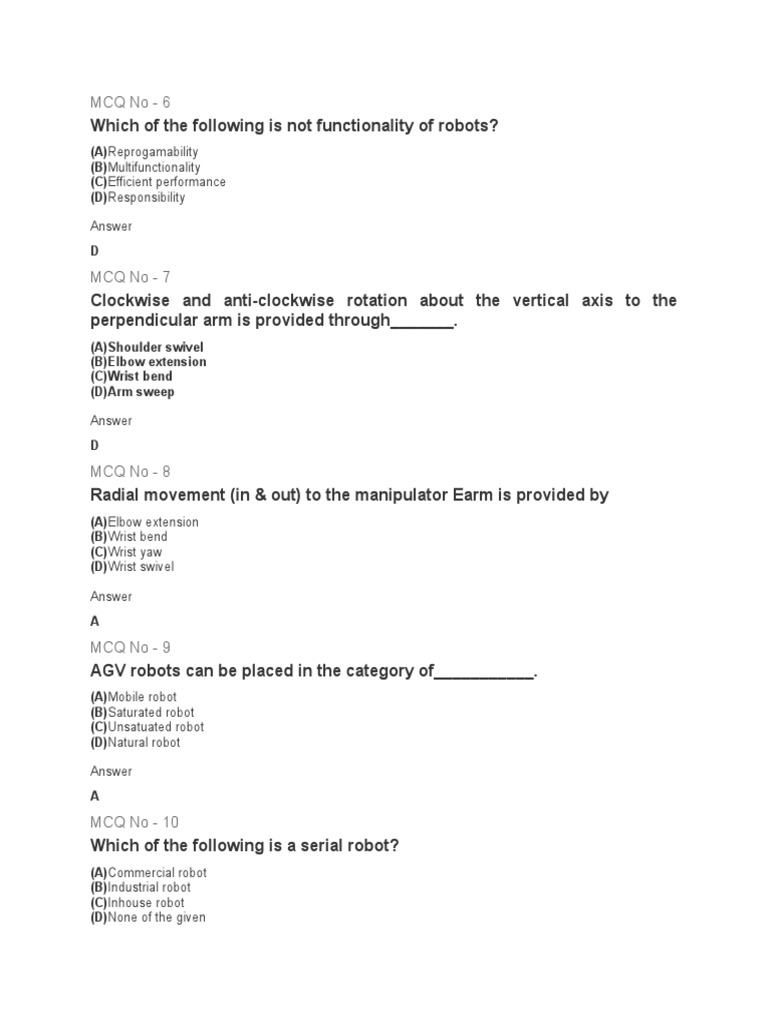Robotics Sample MCQ | PDF | Robot | Robotics