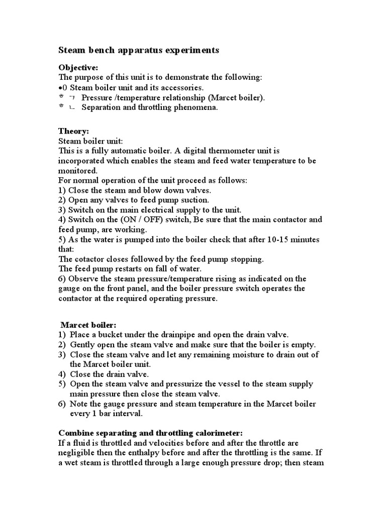 Steam Bench Apparatus Experiments | PDF | Steam | Boiler
