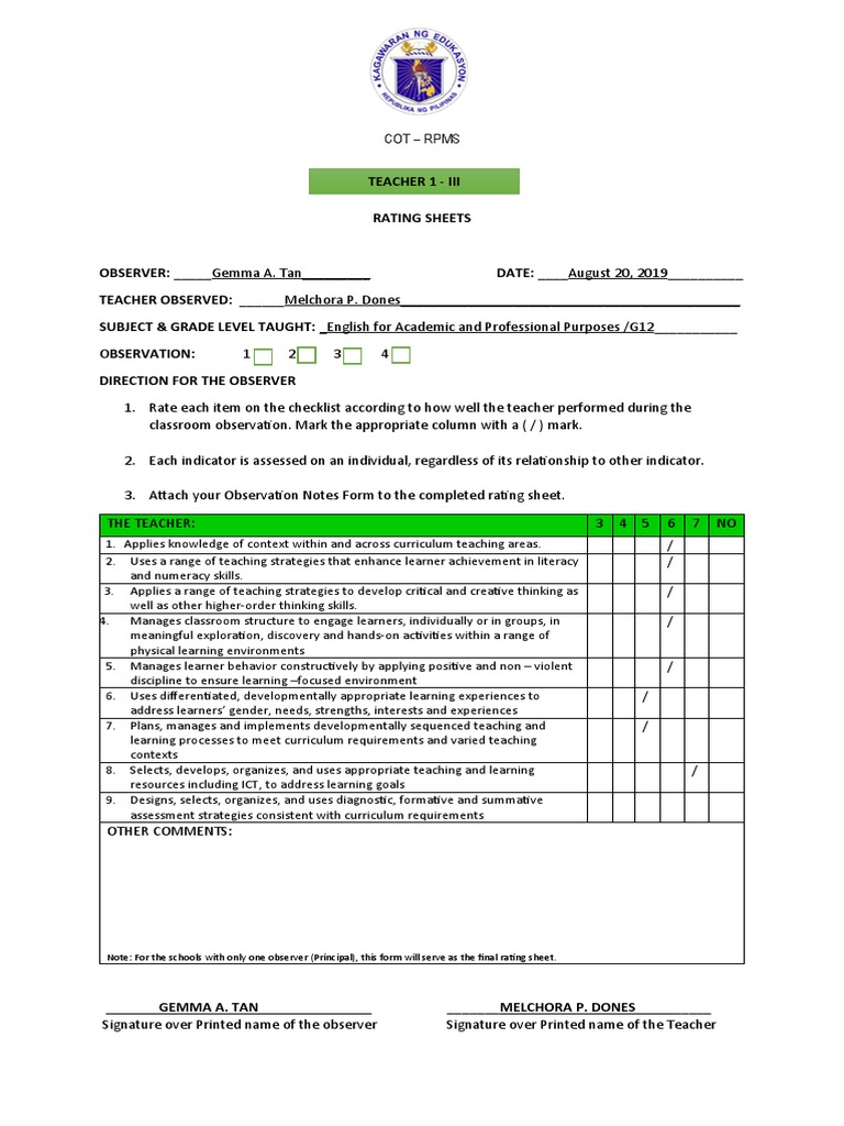 Cot Form 1 | PDF | Curriculum | Educational Assessment