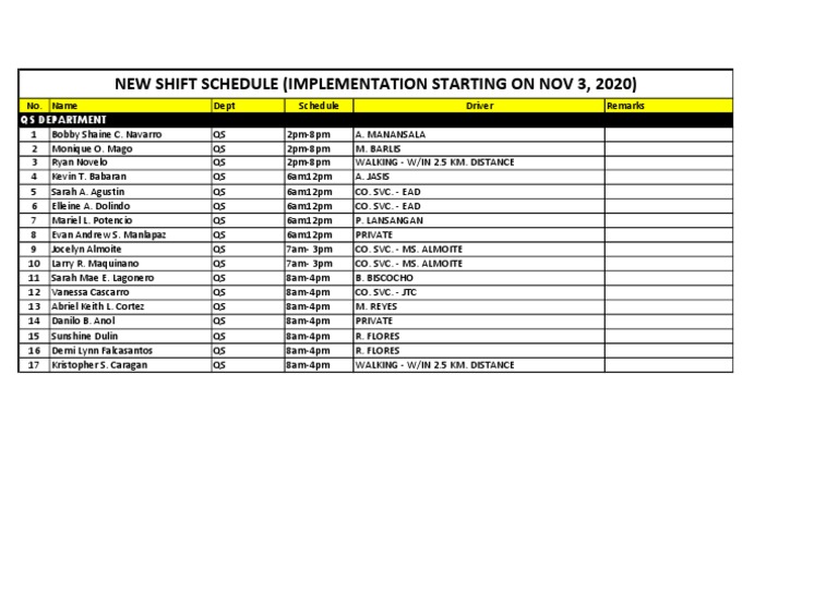 QS New Shift Schedule | PDF