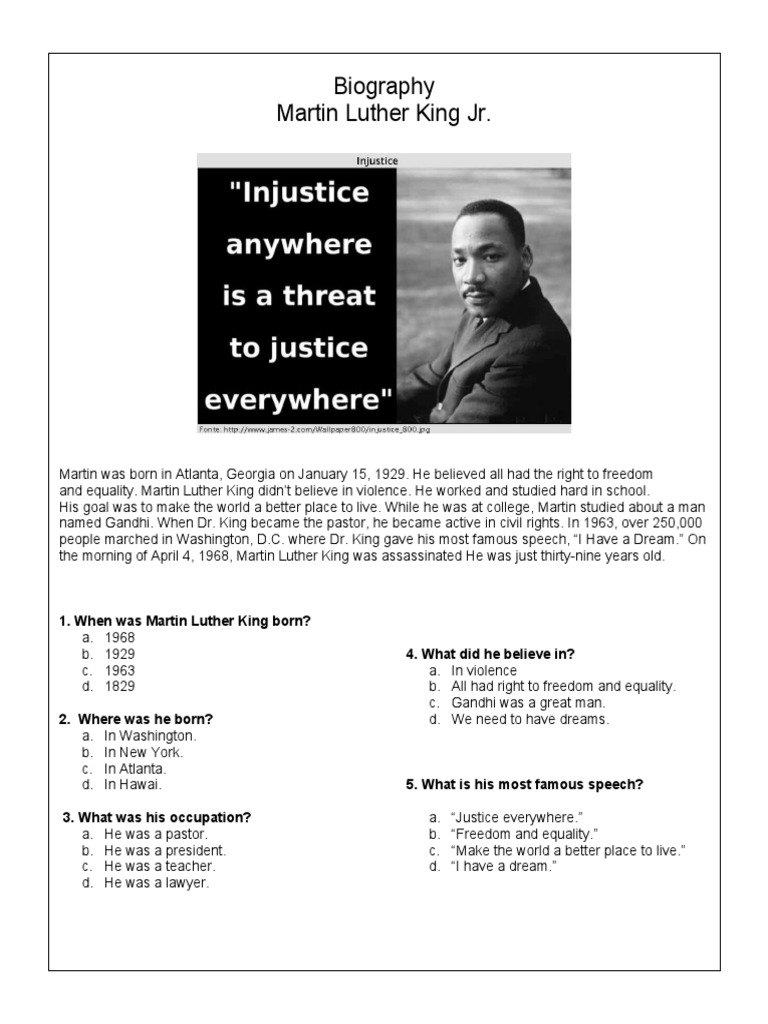 Martin Luther King Biography Reading Comprehension Exercises - 25730 | PDF