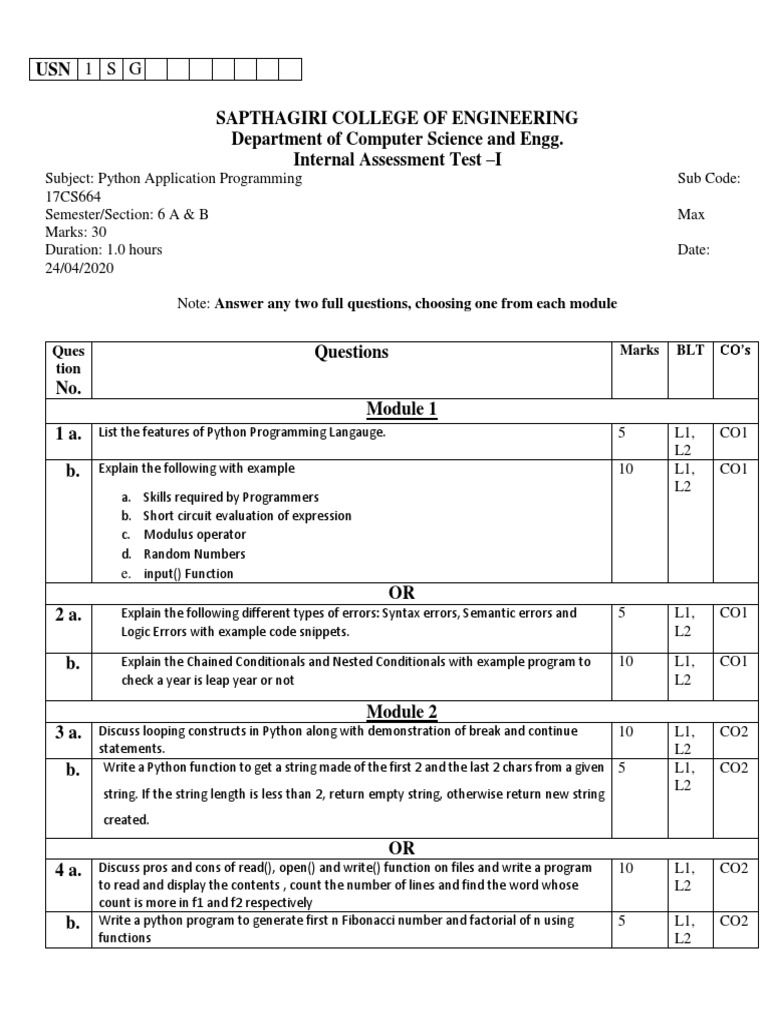 17cs664 QP - 1 - IA2020 | PDF | Python (Programming Language) | String (Computer Science)