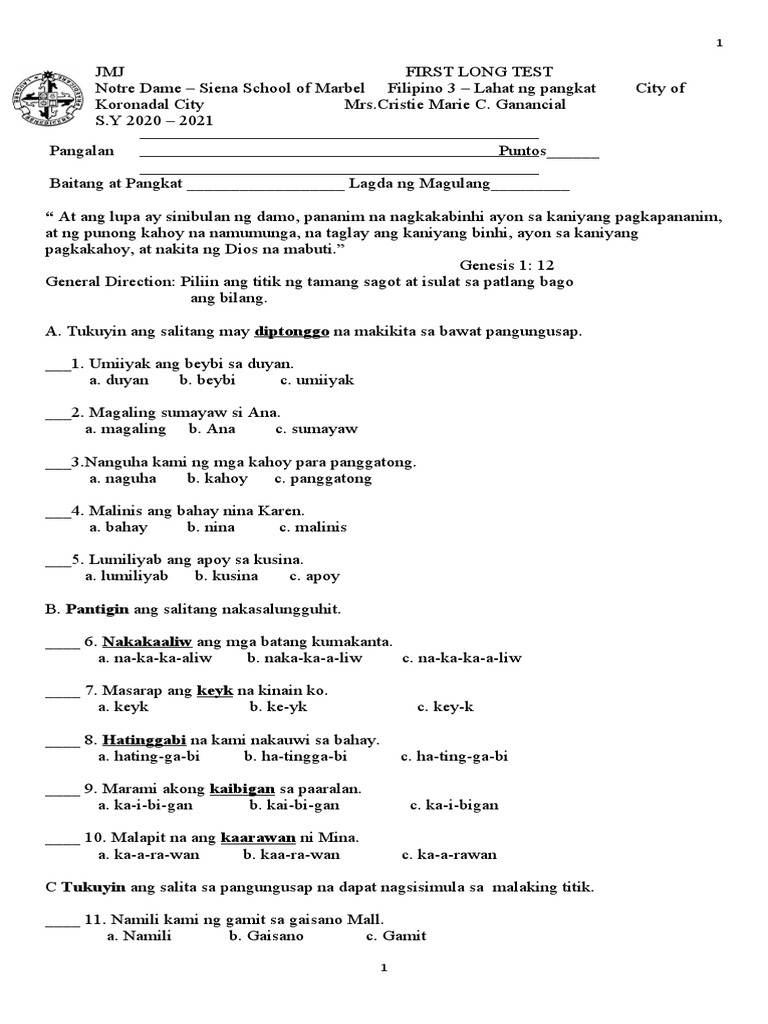 Filipino 3 1st Long Test 2020 | PDF
