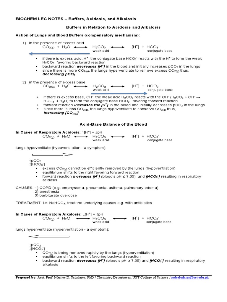 Lec Notes - Buffers, Acidosis, and Alkalosis PDF | PDF | Bicarbonate ...