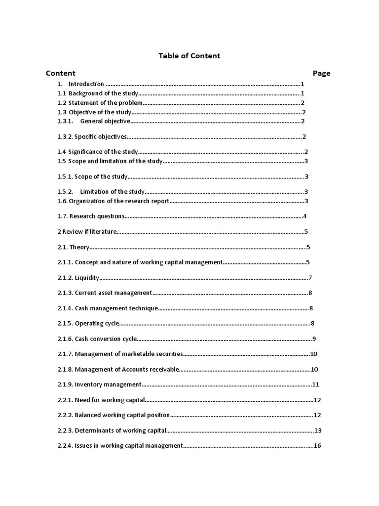 Tadi Table of Content | PDF | Working Capital | Business