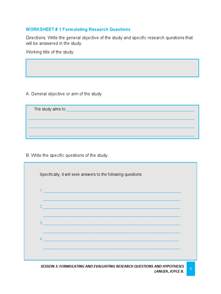 Session 4 Worksheets. Formulating Research Questions and Hypothesis ...