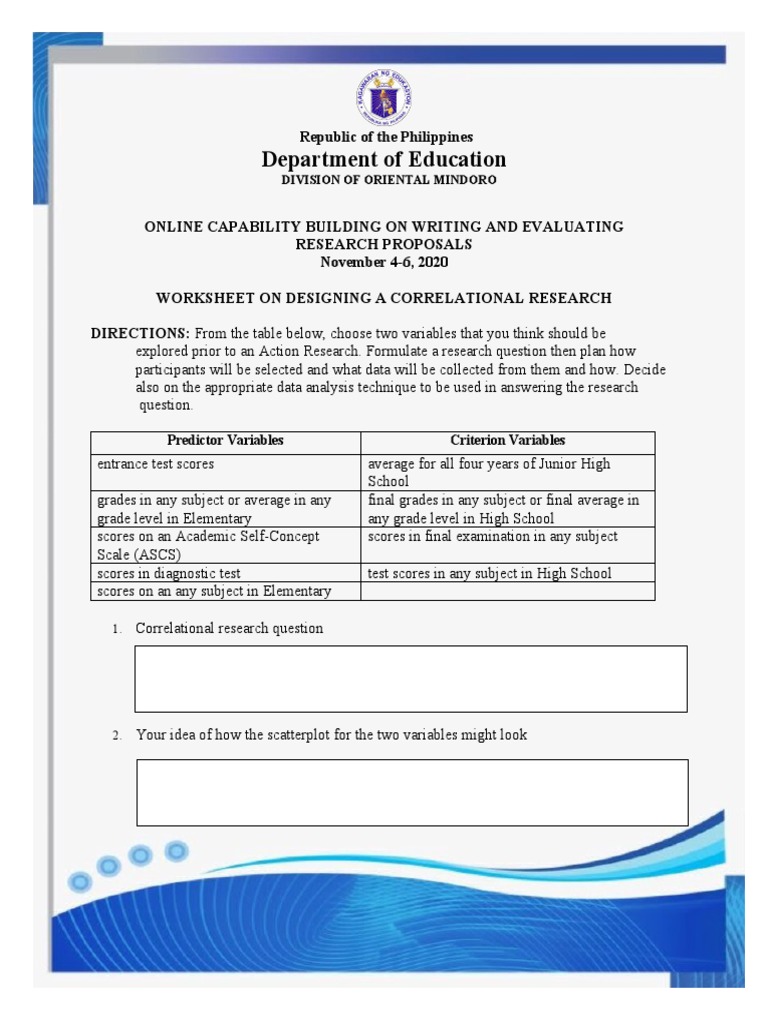Correlational Research Worksheet: Exploring the Relationship Between ...