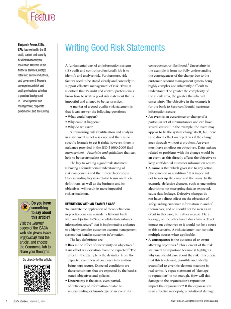 Feature: Writing Good Risk Statements | PDF | Risk | Audit