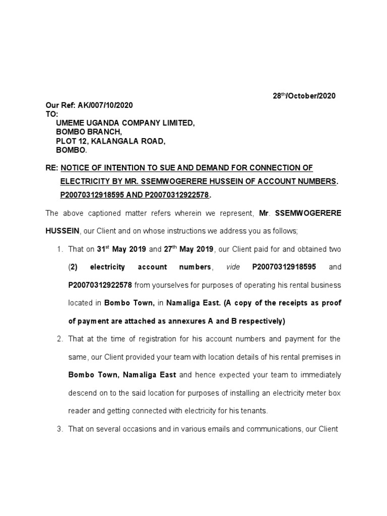 Notice of Intention to Sue and Demand for Connection of Electricity and ...