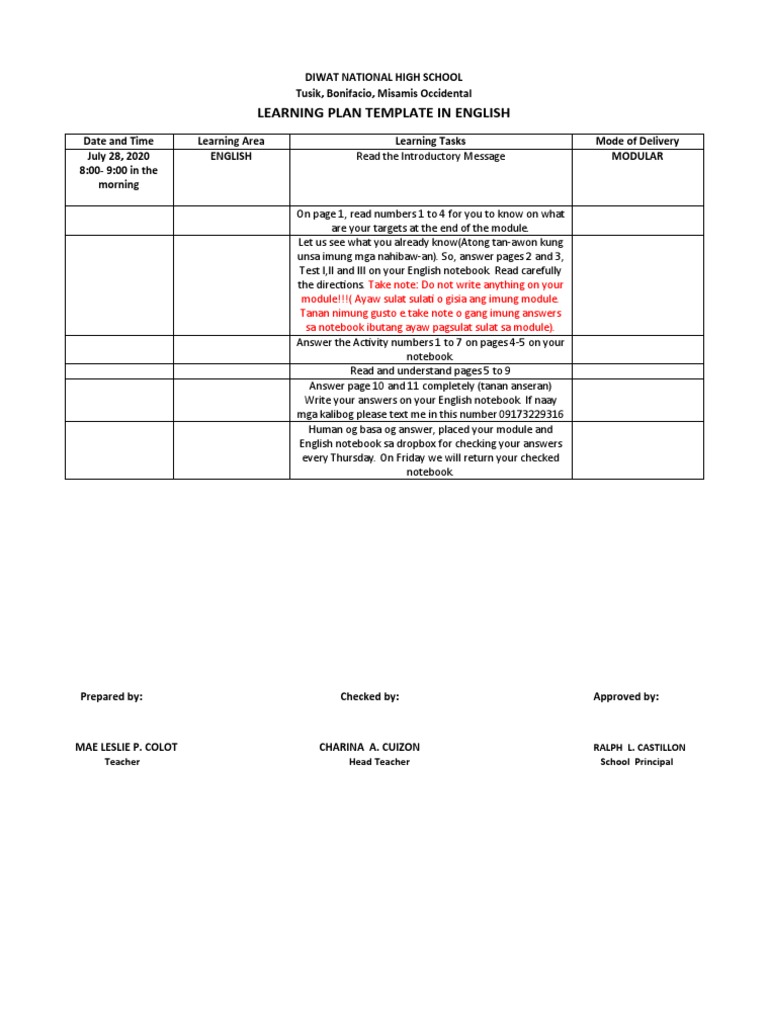 English Learning Plan Template | PDF | Language Arts & Discipline
