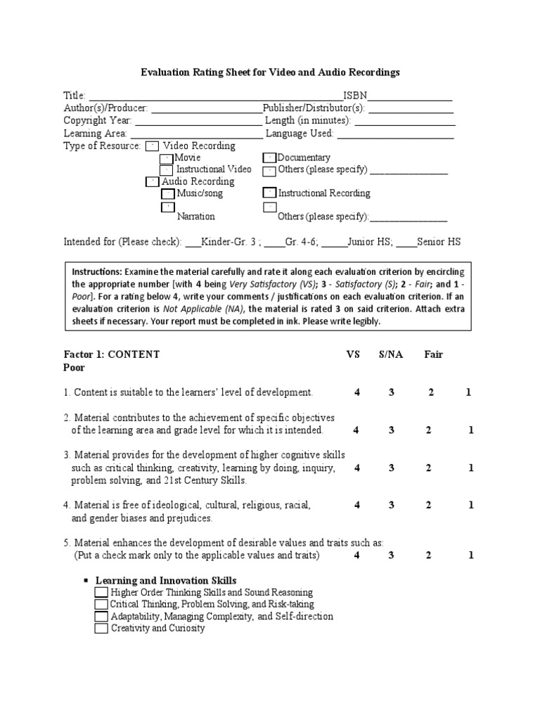 Evaluation Rating Sheet For Video and Audio Recordings | PDF | Literacy ...