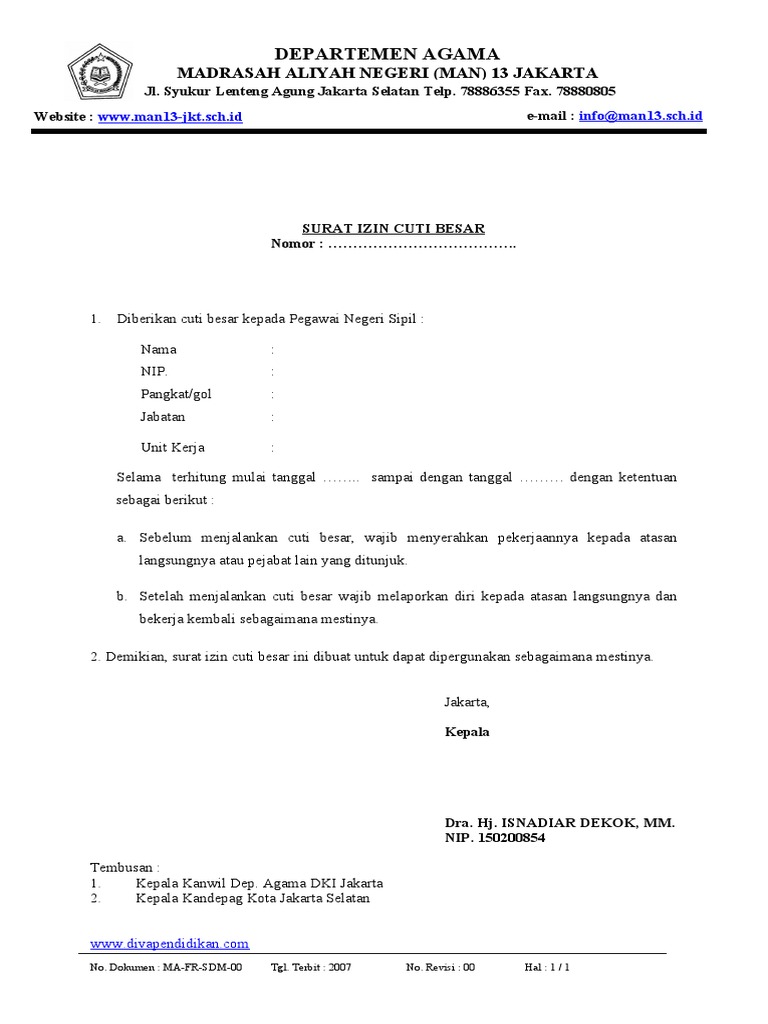 Surat Izin Cuti Besar PNS | PDF