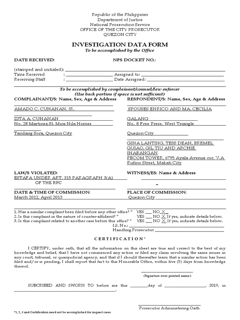 Investigation Data Form: To Be Accomplished by The Office | PDF ...