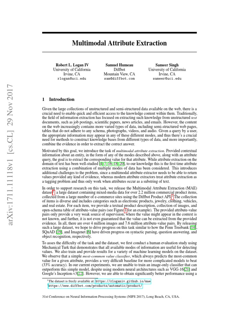 Multimodal Attribute Extraction: The Dataset Is Freely Available At: Https://rloganiv - Github ...