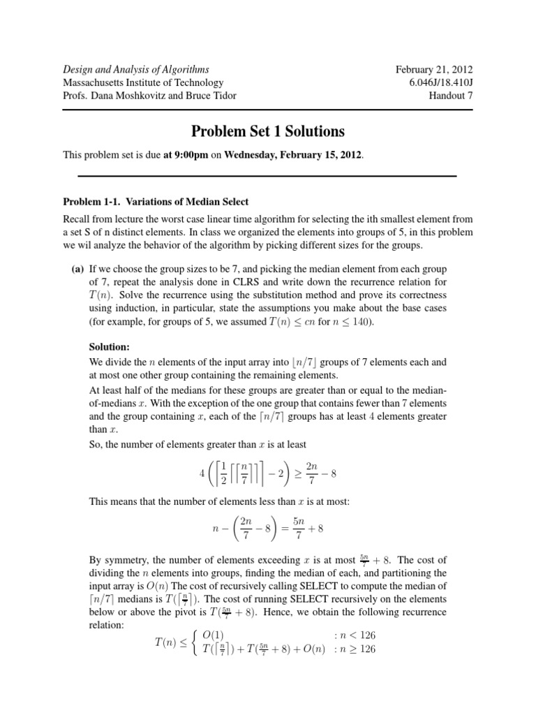 Problem Set 1 Solutions Download Free Pdf Dynamic Programming Time Complexity