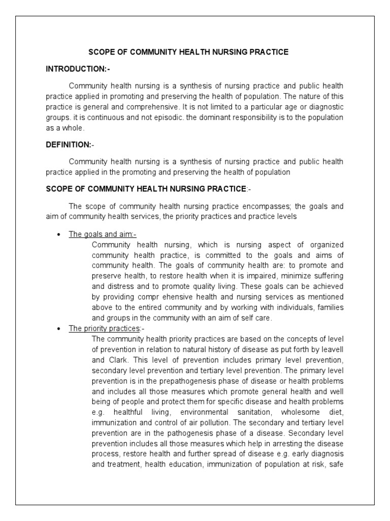 Scope of Community Health Nursing Practice | PDF | Preventive ...