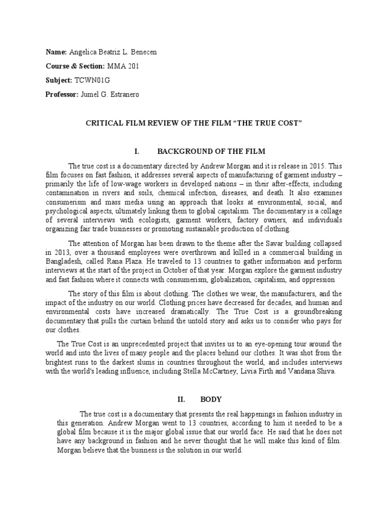 Critical Film Review of The Film "The True Cost" | PDF | Clothing ...
