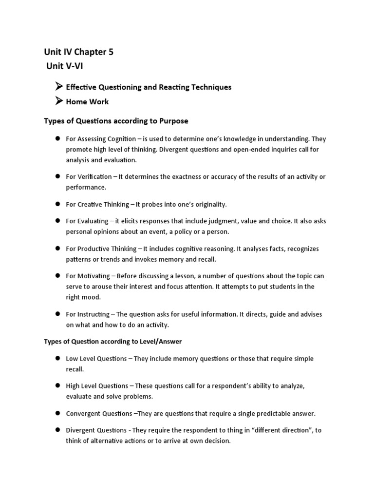 Principles of Teaching Unit-Iv-Unit-V | PDF | Question | Homework