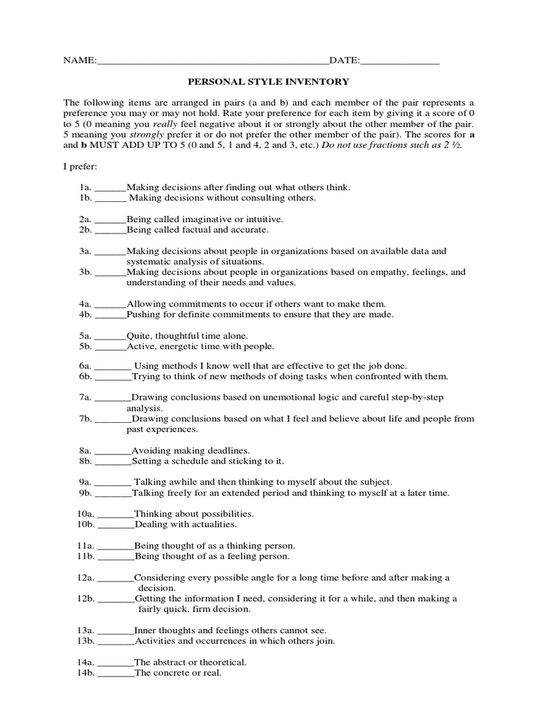 Personal Style Inventory | PDF | Thought | Metaphysics Of Mind