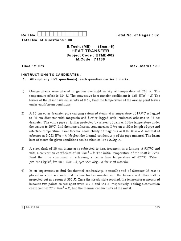 HT Ptu Question Paper 2020 PDF | PDF | Heat Transfer | Non Equilibrium ...