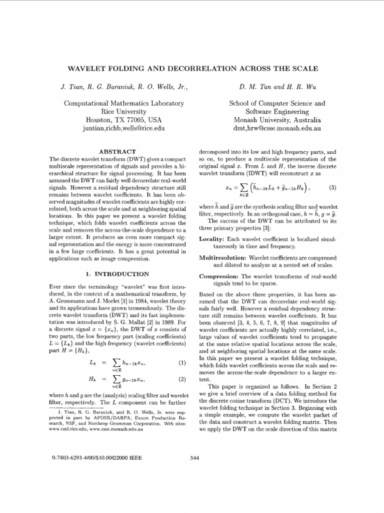 J. R. G. R. 0. Wells, M. R.: Tian, Baruniuk, JR., Tun and H. Wu | PDF | Wavelet | Mathematical ...
