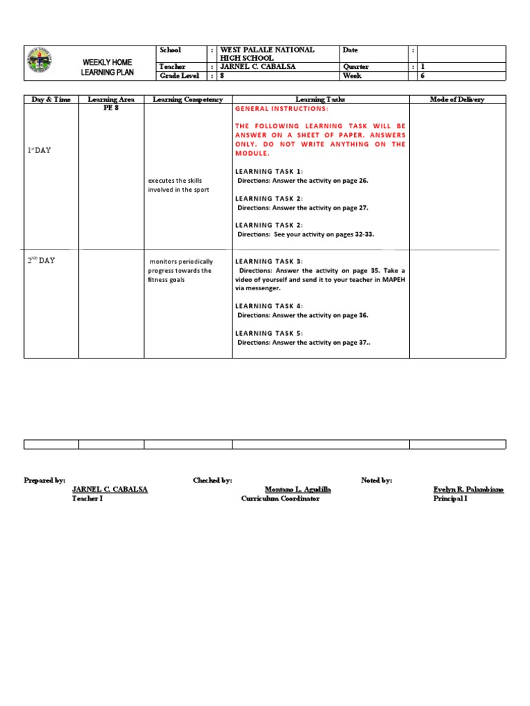 Weekly Home Learning Plan | PDF | Behavior Modification | Learning