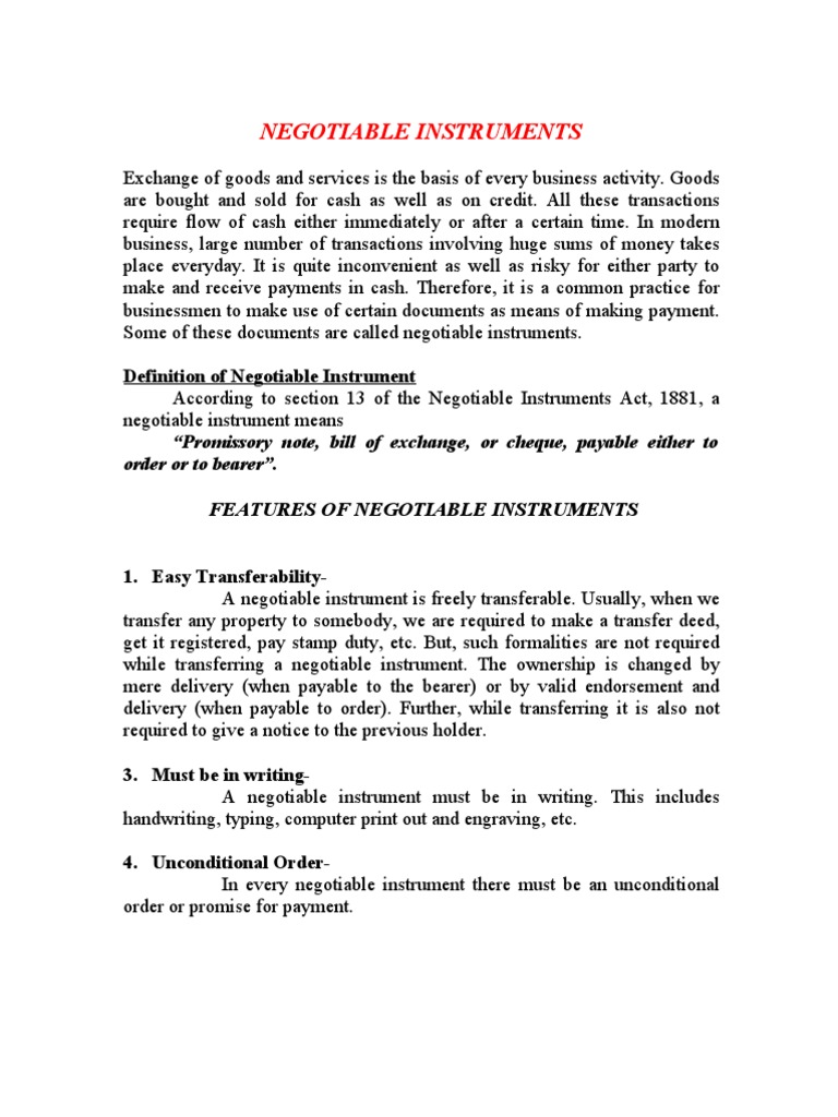 Negotiable Instruments: Definition of Negotiable Instrument | PDF | Negotiable Instrument ...