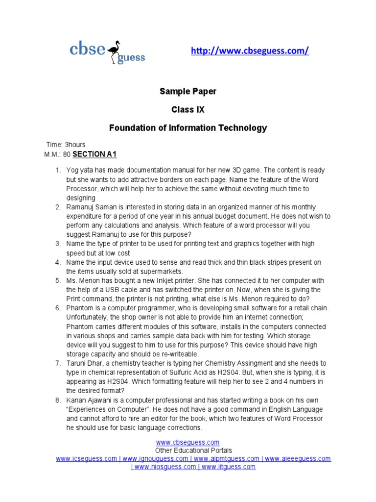 Sample Paper Class IX Foundation of Information Technology: Section A1 | PDF | Operating System ...