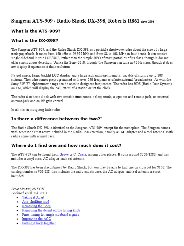 Sangean ATS-909 / Radio Shack DX-398, Roberts R861: What Is The ATS-909 ...
