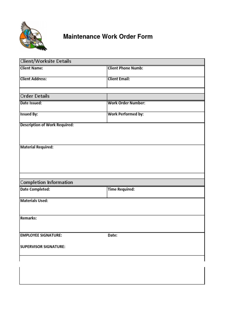 Maintenance Work Order Form: Client/Worksite Details | PDF