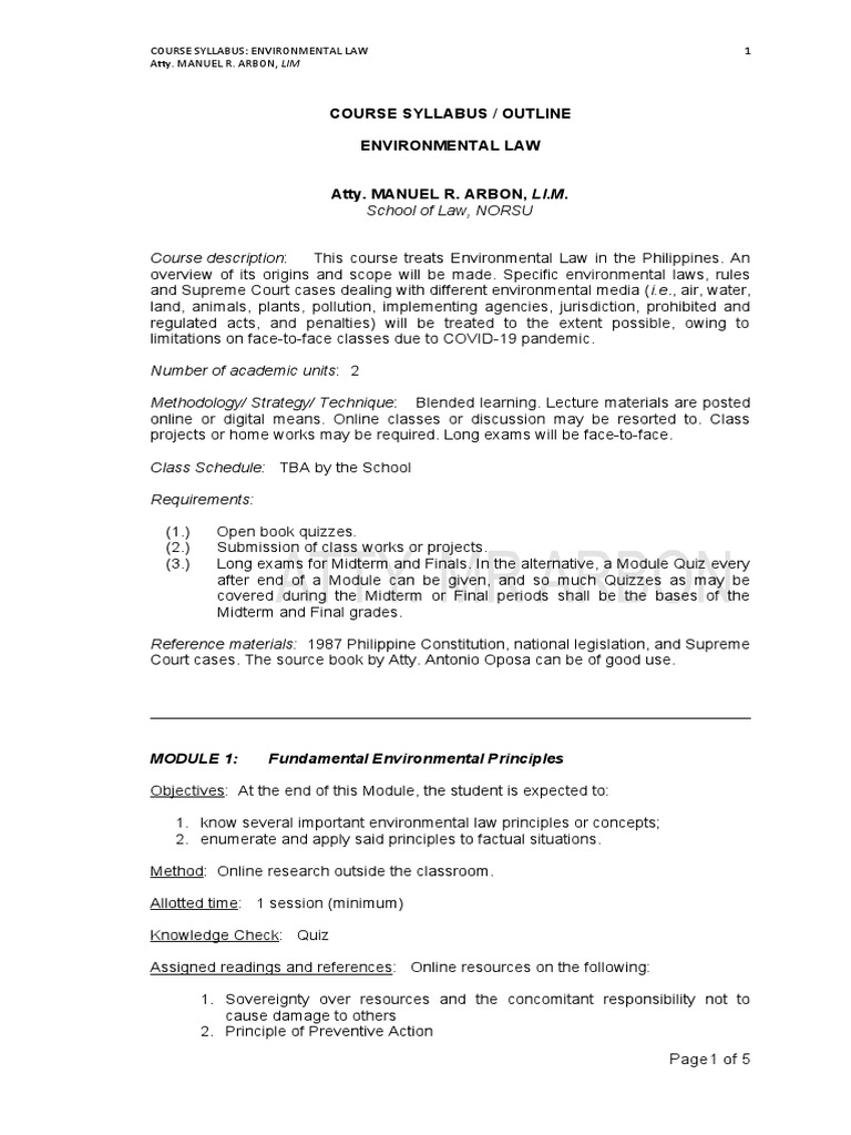 1 Course Syllabus: Environmental Law Atty. Manuel R. Arbon, LLM | PDF ...