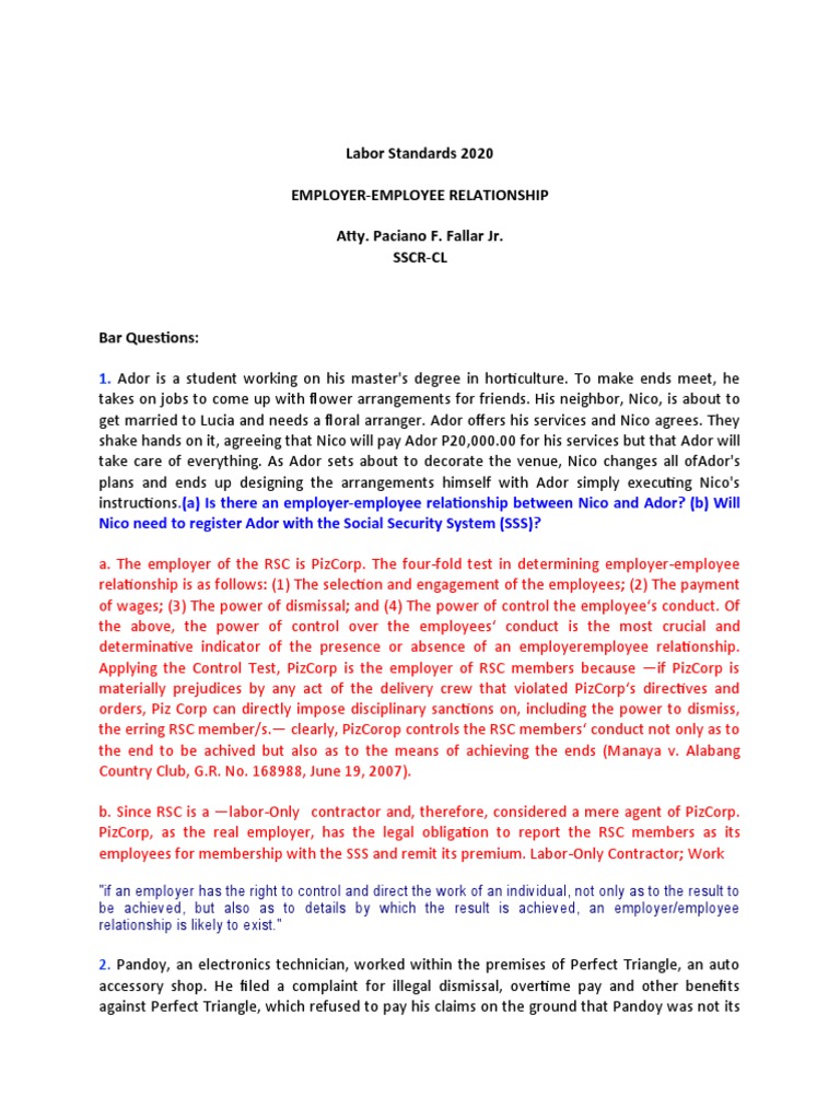 Labor Standards 2020 Employer-Employee Relationship Atty. Paciano F ...
