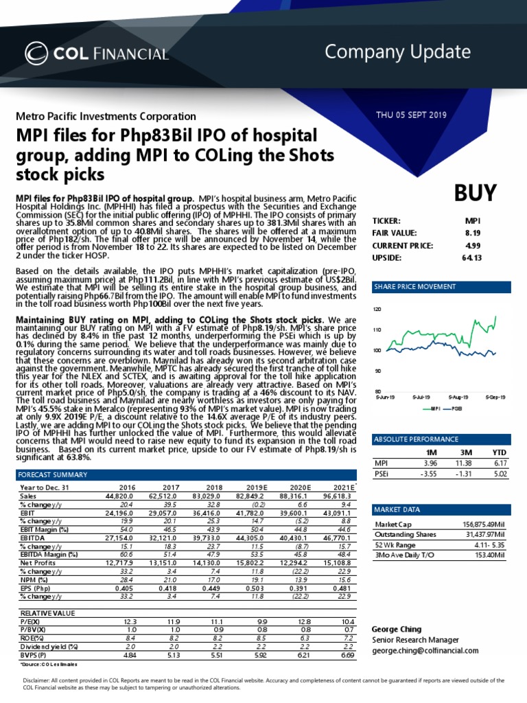 Mpi Files For Php83Bil Ipo of Hospital Group, Adding Mpi To Coling The ...