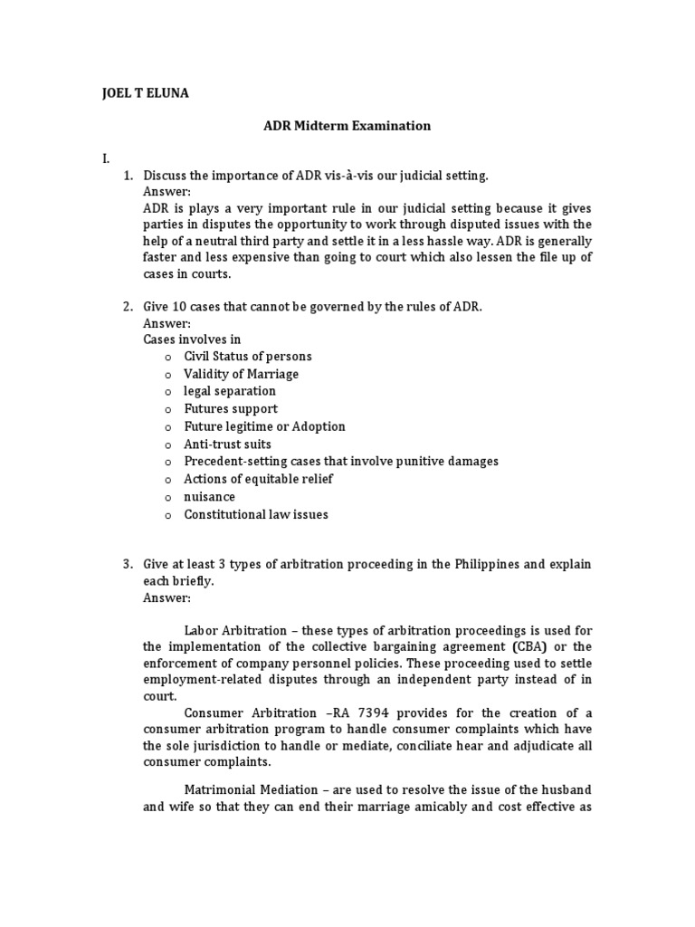 ADR Short Examination (JOEL T ELUNA) | PDF | Alternative Dispute ...