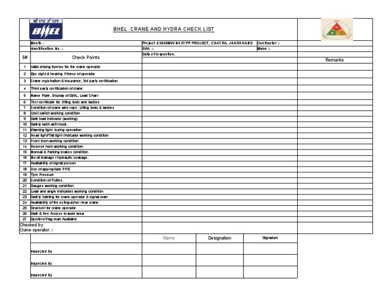 BHEL Crane & Hydra Check List