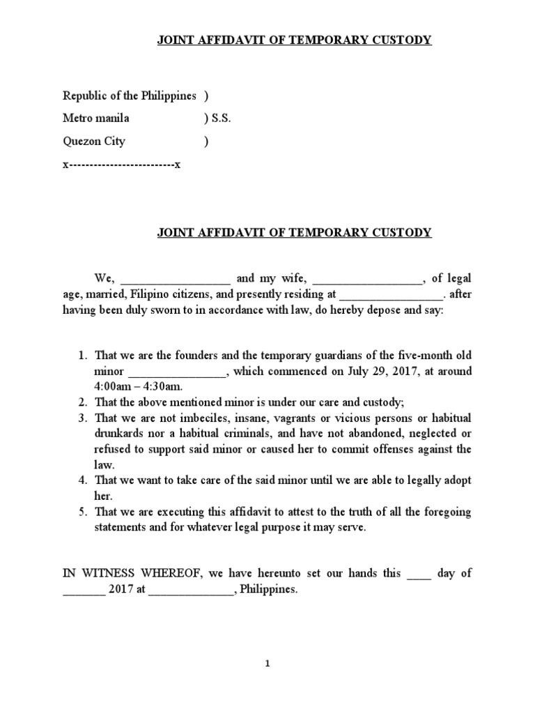SAMPLE Affidavit of Temporary Custody | PDF