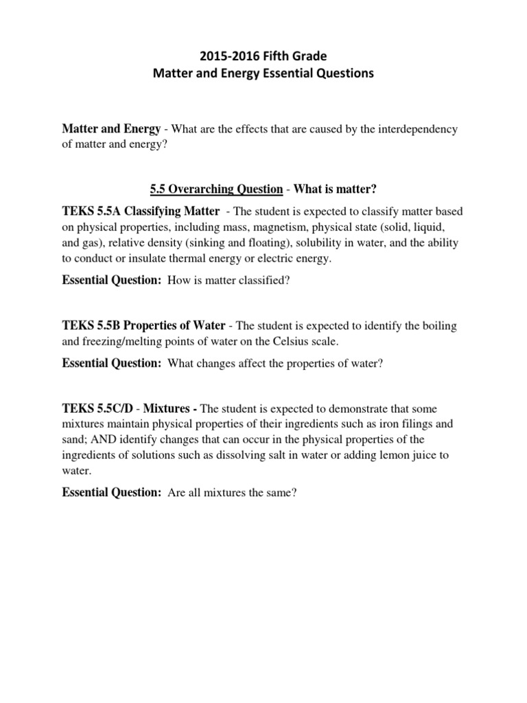 5th Grade Matter and Energy EQ | PDF | Career & Growth | Technology ...