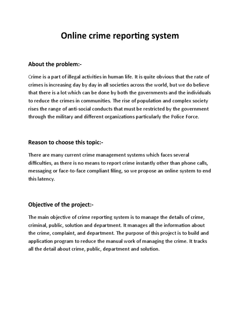 Online Crime Reporting System Sypnosis | PDF | Selenium (Software ...