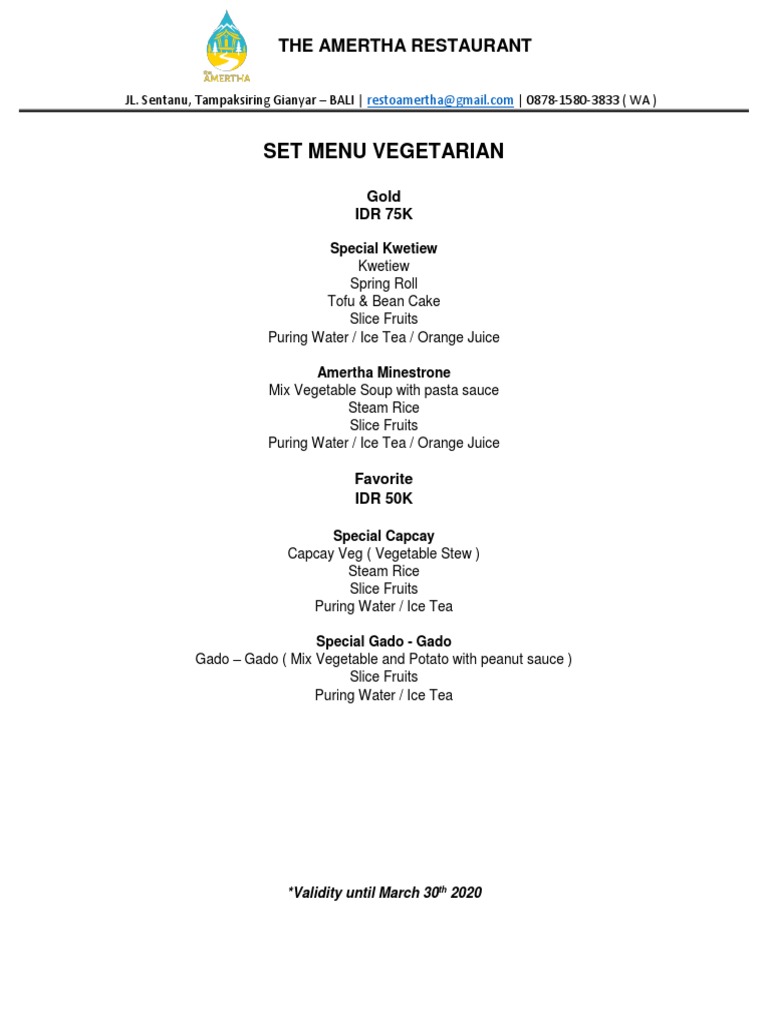 Amertha Restaurant Vegetarian Menu | PDF | Cooking, Food & Wine